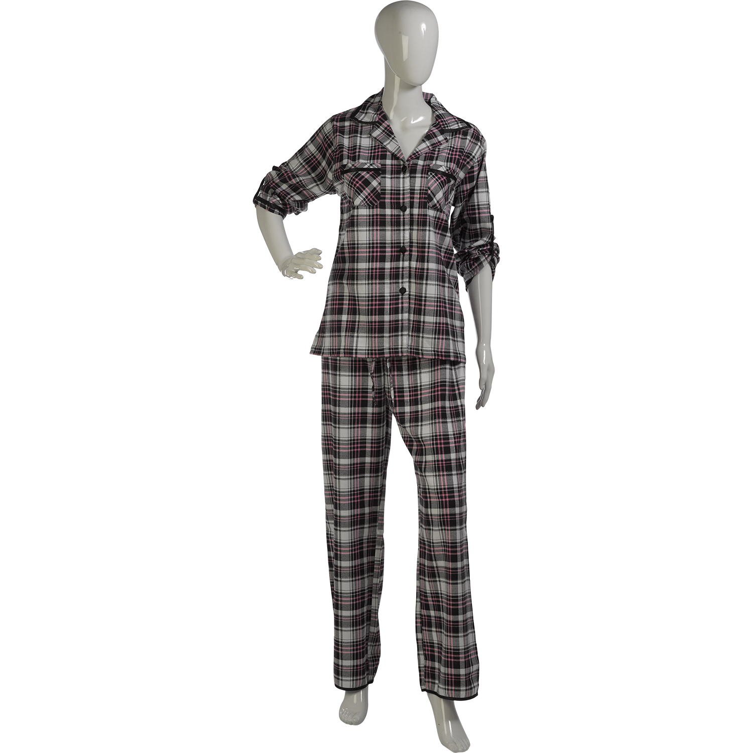 Ladies Tartan Check Cotton Pyjamas Set Roll Sleeve Top And Bottoms Pjs