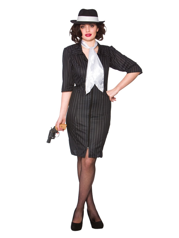 Ladies Sexy Black Gangster Moll 20s 1920s Fancy Dress Pinstripe Costume