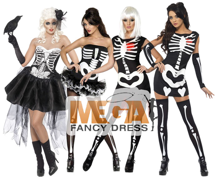 Sexy Skeleton Ladies Fancy Dress Halloween Costume Adult Outfit Free