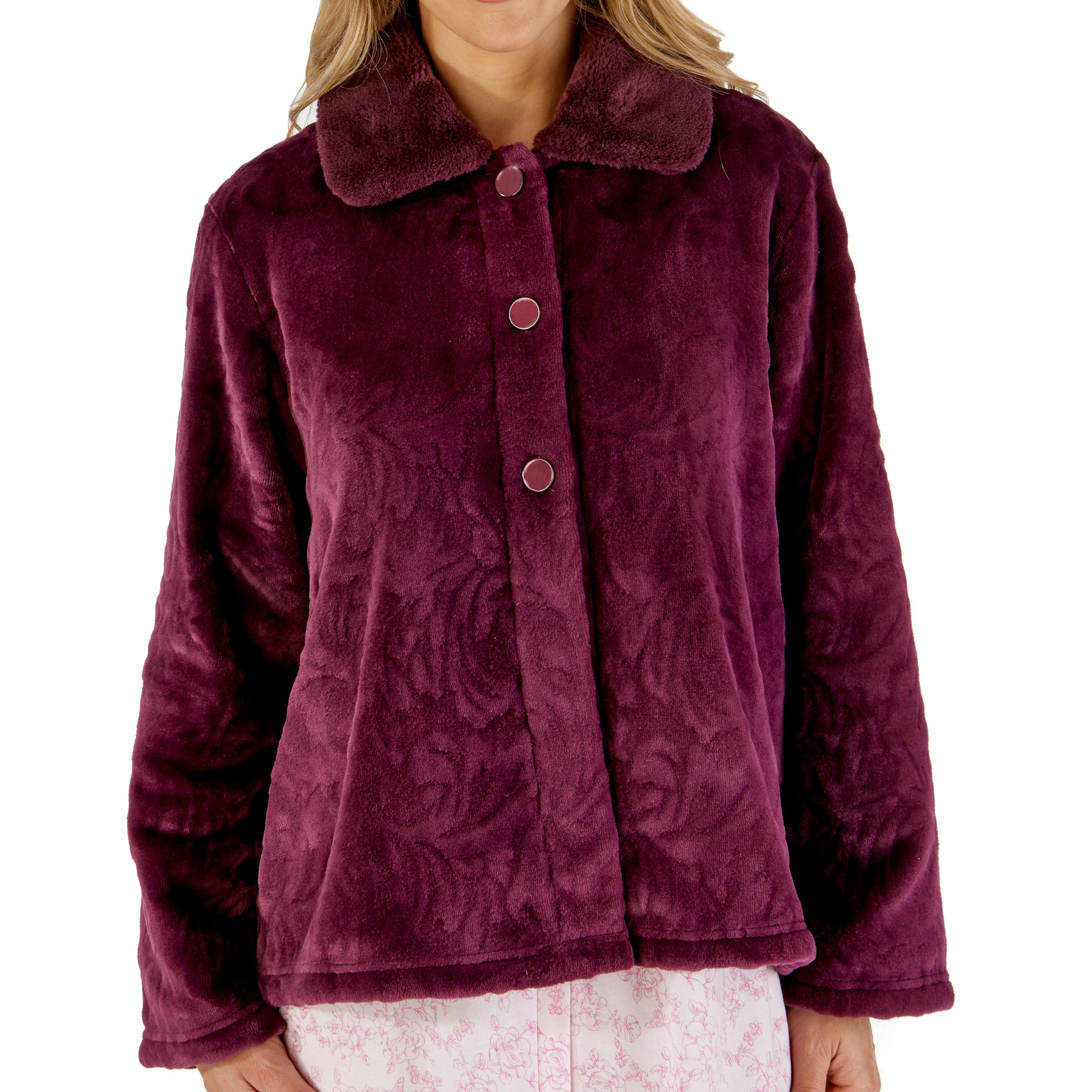 Slenderella Ladies Patterned Fleece Bed Jacket Faux Fur Collar Button ...