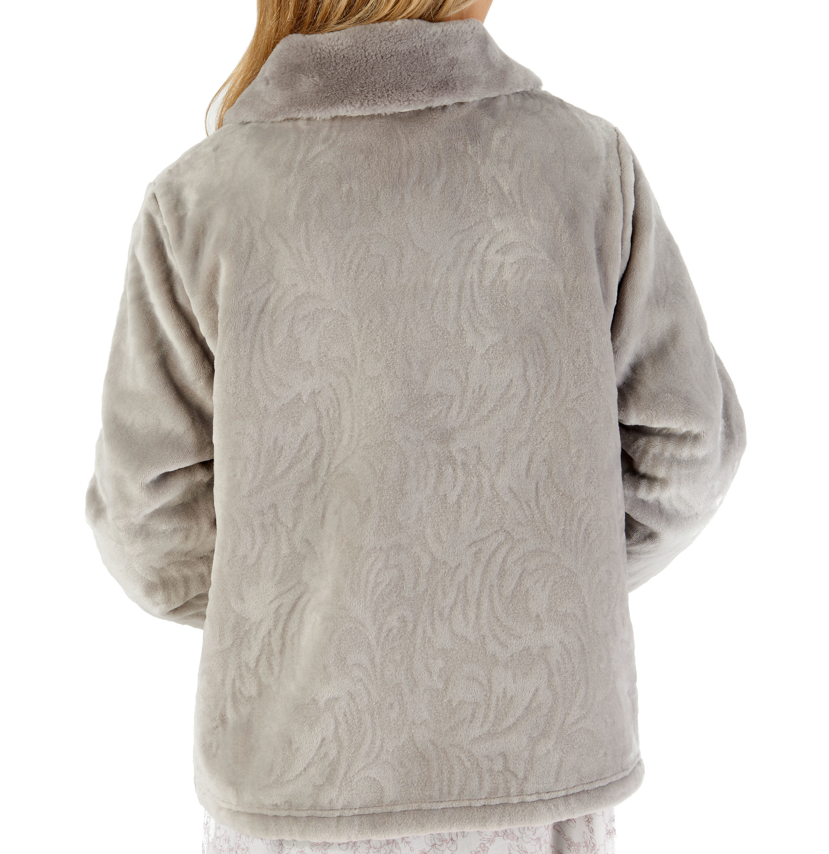 Slenderella Ladies Patterned Fleece Bed Jacket Faux Fur Collar Button ...