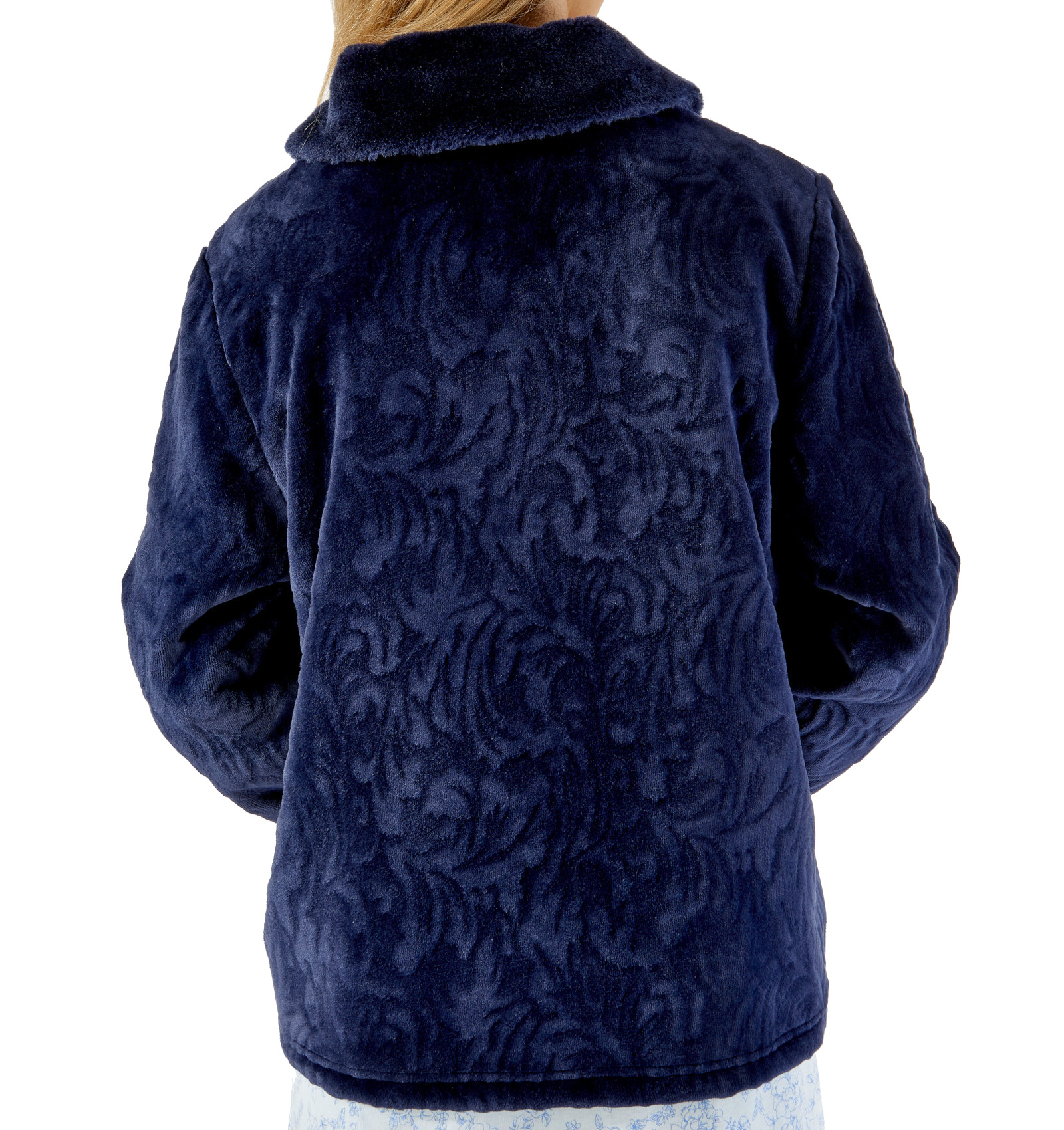 Slenderella Ladies Patterned Fleece Bed Jacket Faux Fur Collar Button ...