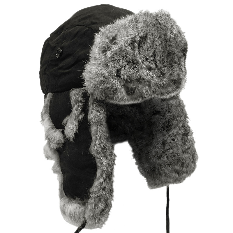 EXTRA WARM BLACK TRAPPER HAT RUSSIAN WINTER CAP EAR FLAPS GREY RABBIT 
