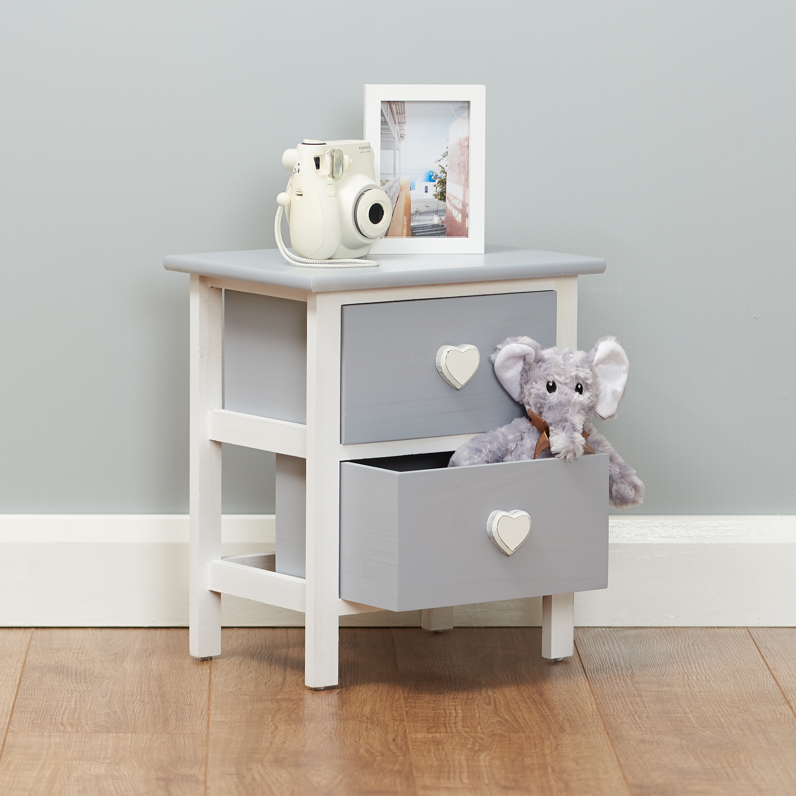 Small Grey Heart Bedside Table 2 Drawer Nightstand Kids Childrens Home