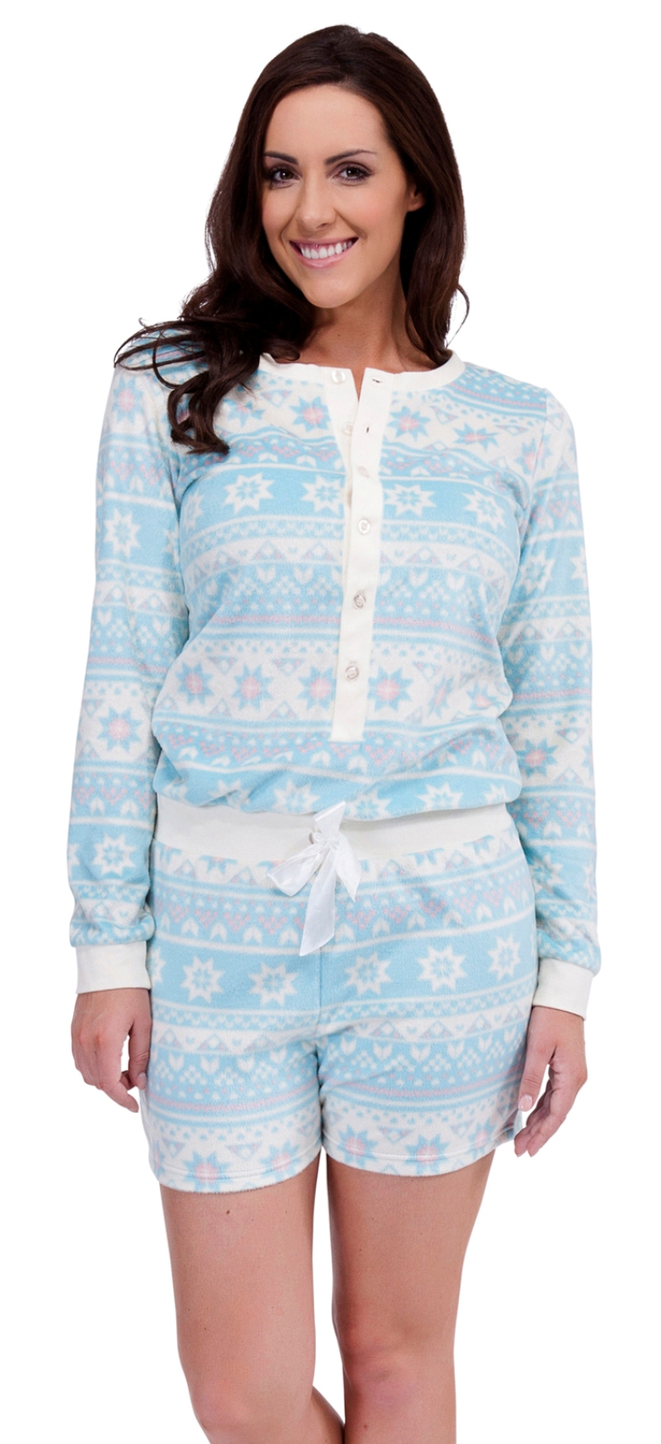 Womens Fairisle Fleece Playsuit Short Onesie Pyjamas Lounge Nightwear ...