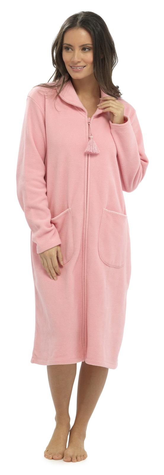 Womens Full Length Fleece Dressing Gown With Zip Long Robe Housecoat ...
