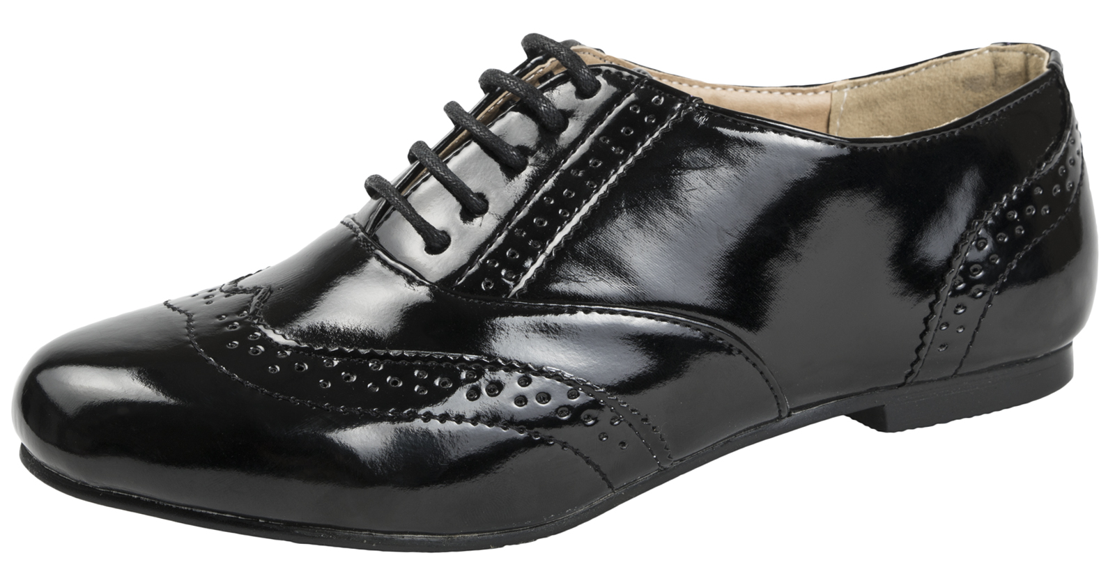 Girls Lace Up Brogues Black School Shoes Patent Womens Formal Work ...