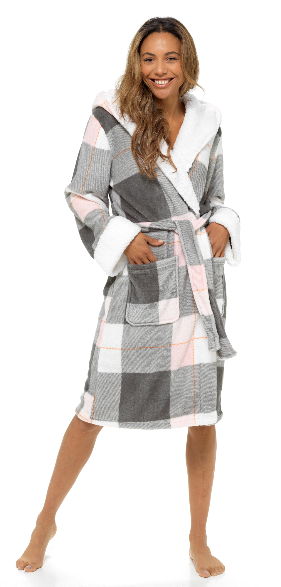 Ladies Dressing Gown Womens Luxury Tartan Check Robe Hooded Sherpa ...