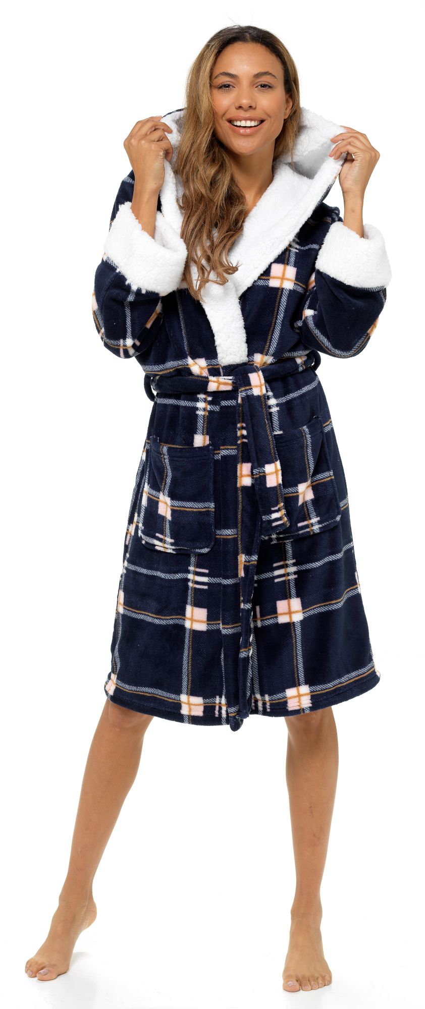 Ladies Dressing Gown Womens Luxury Tartan Check Robe Hooded Sherpa ...