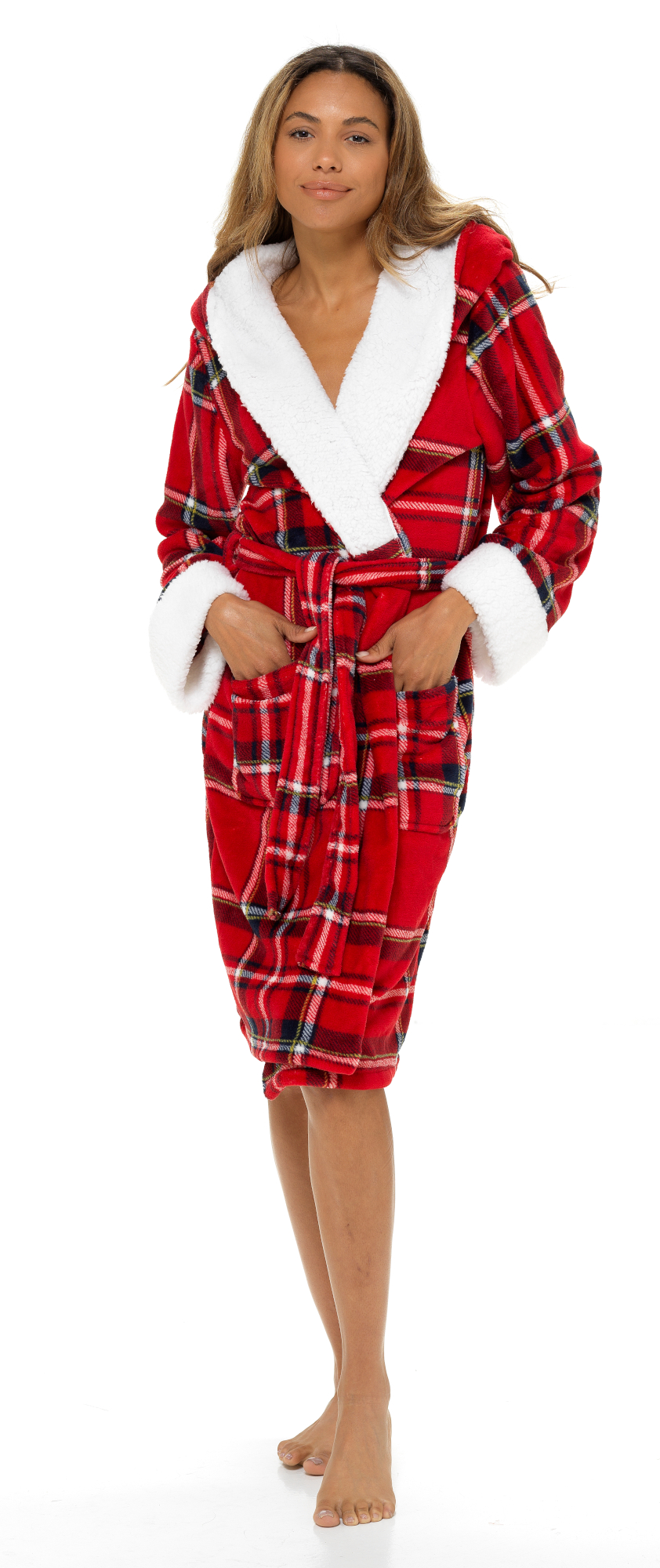 Ladies Dressing Gown Womens Luxury Tartan Check Robe Hooded Sherpa ...