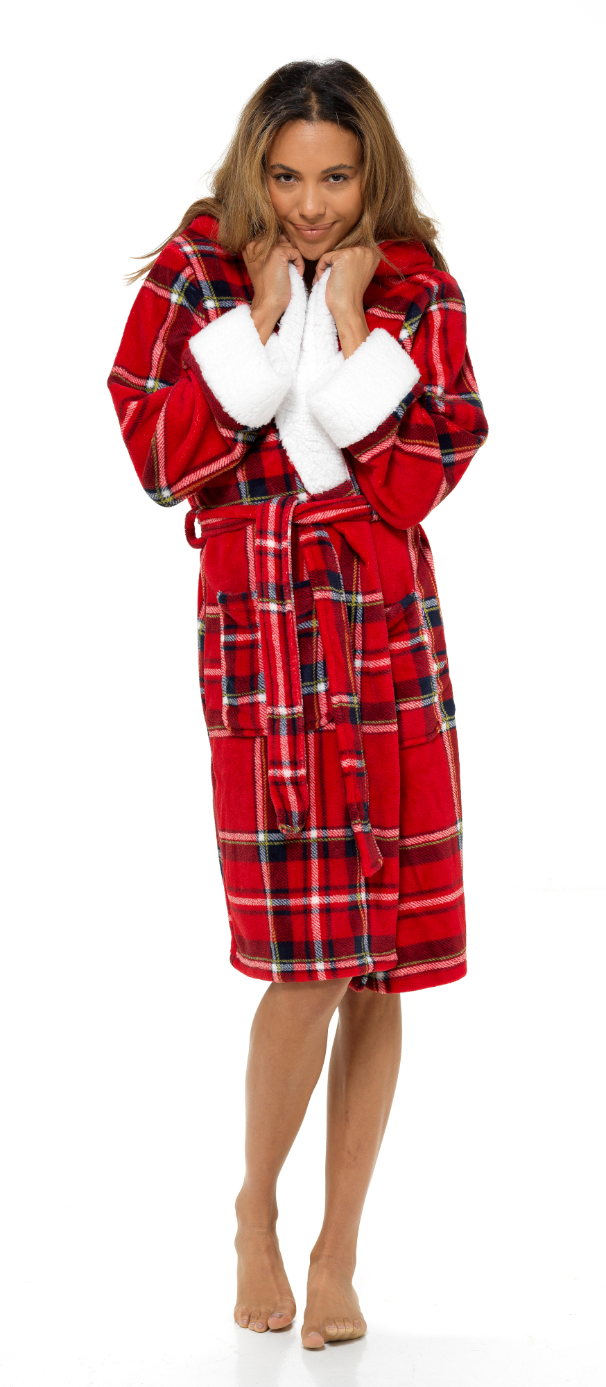 Ladies Dressing Gown Womens Luxury Tartan Check Robe Hooded Sherpa ...