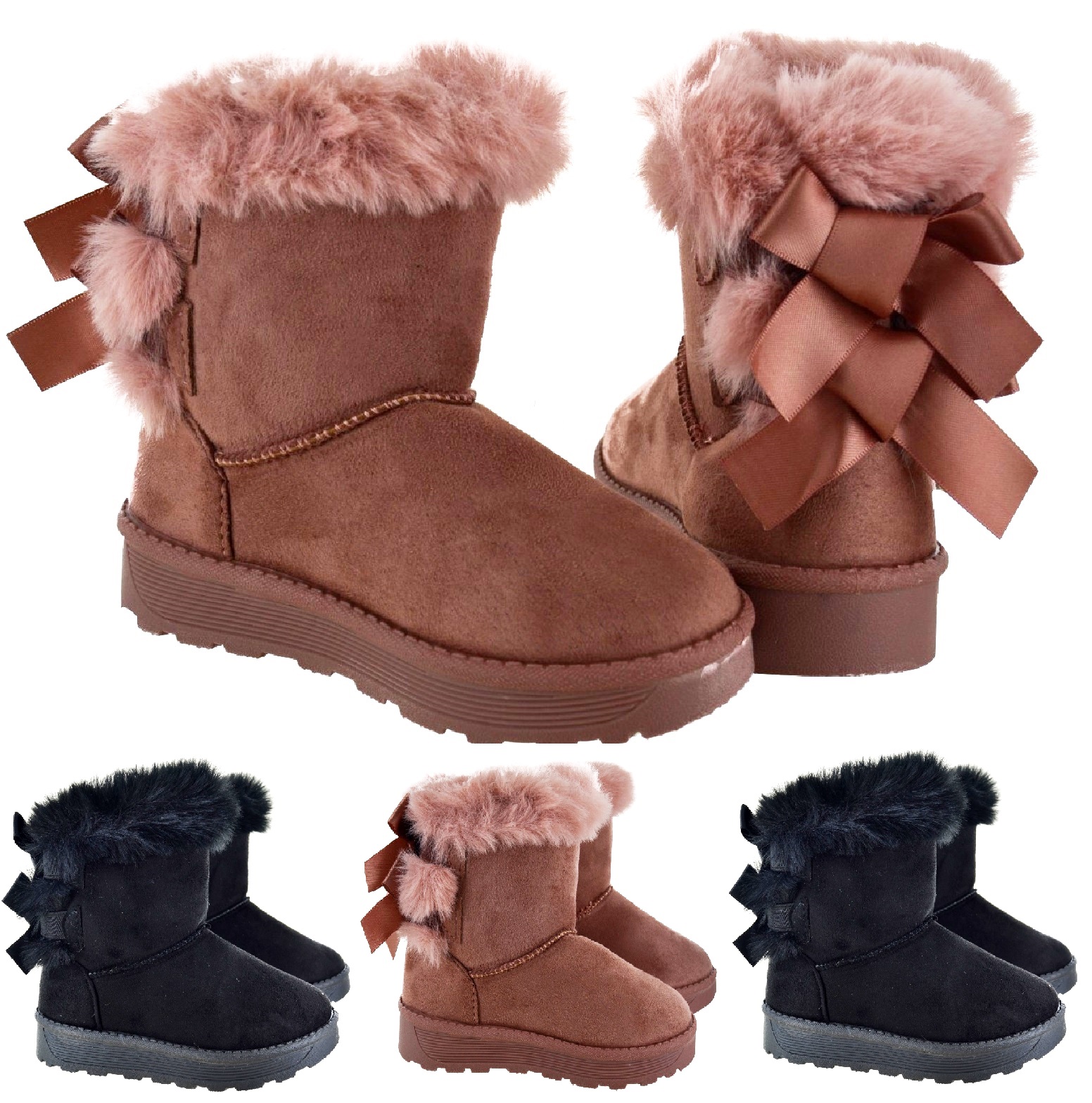 KIDS GIRLS CHILDREN WARM WINTER ANKLE FUR LINED GRIP SOLE SNUGG BOW ...