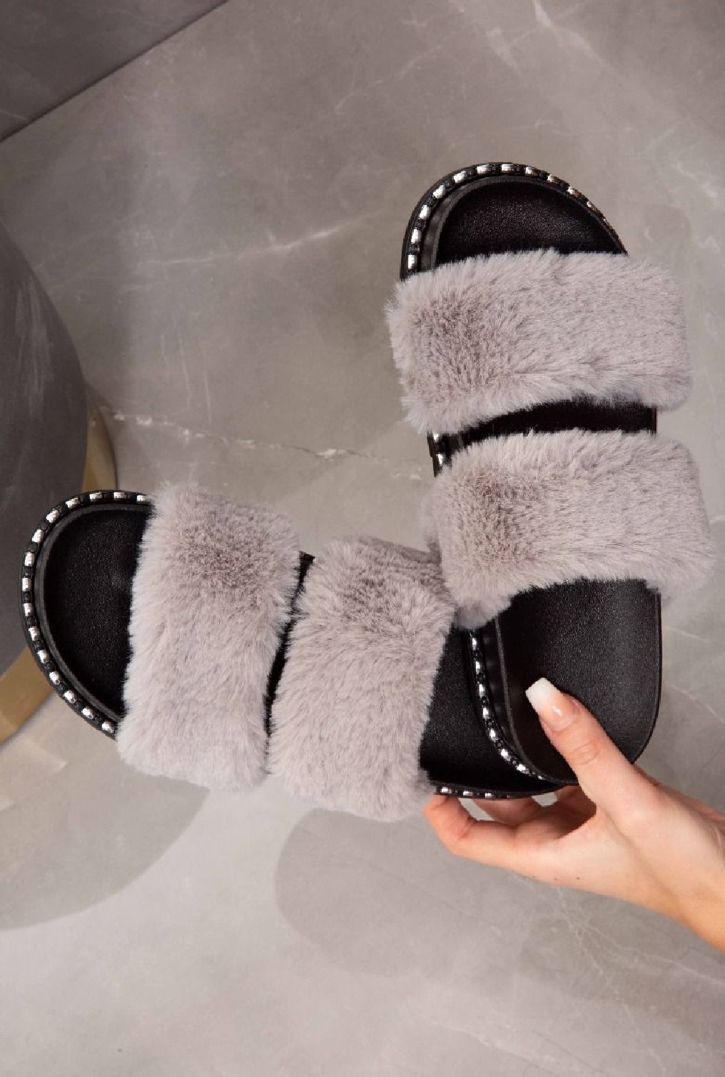 LADIES WOMENS SLIP ON FLUFFY FAUX FUR SLIDERS SLIPPERS STUDS SLIDES ...
