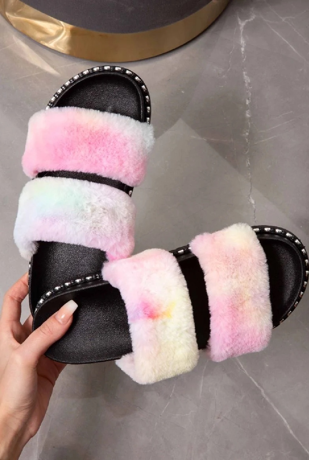 LADIES WOMENS SLIP ON FLUFFY FAUX FUR SLIDERS SLIPPERS STUDS SLIDES ...