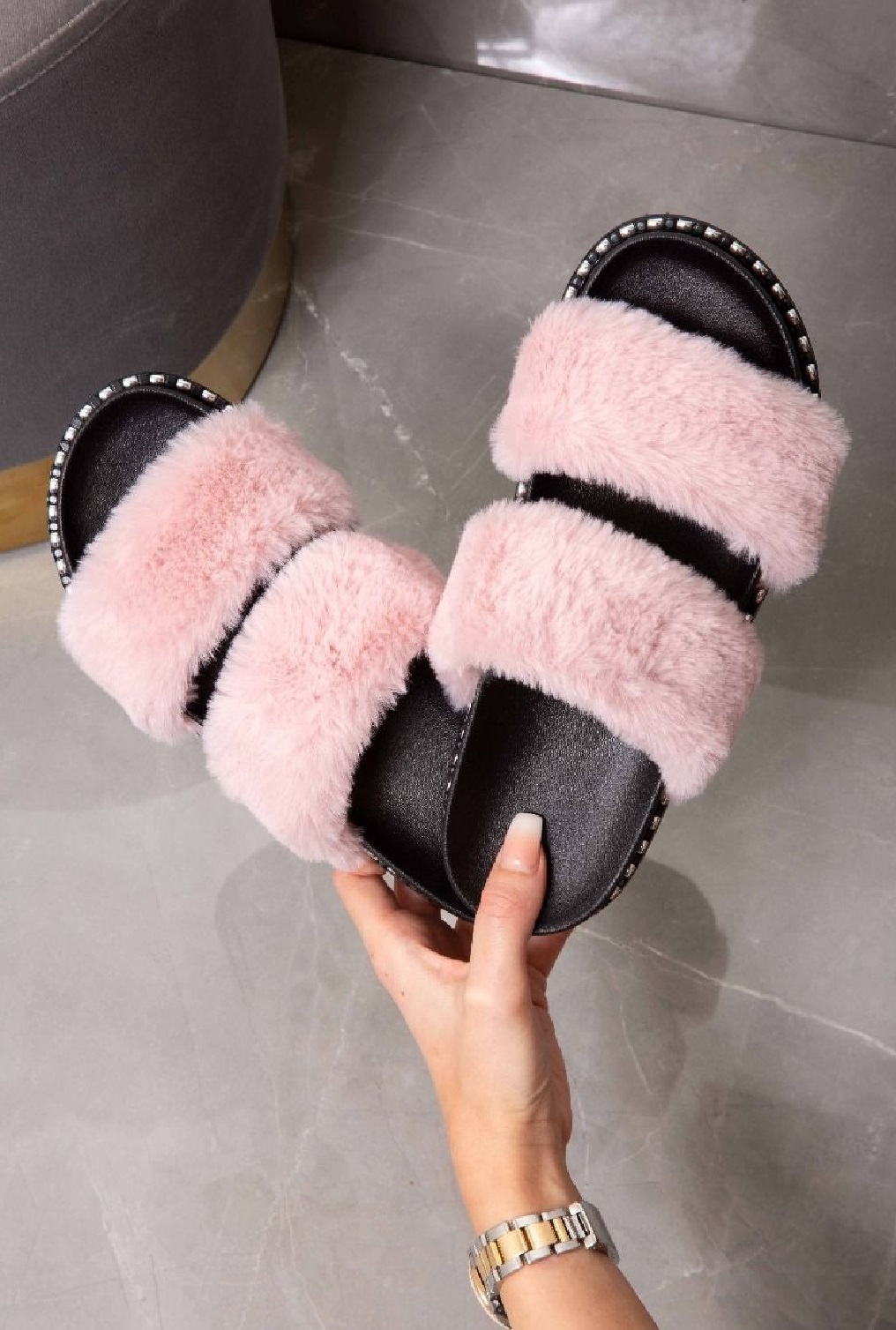 LADIES WOMENS SLIP ON FLUFFY FAUX FUR SLIDERS SLIPPERS STUDS SLIDES ...