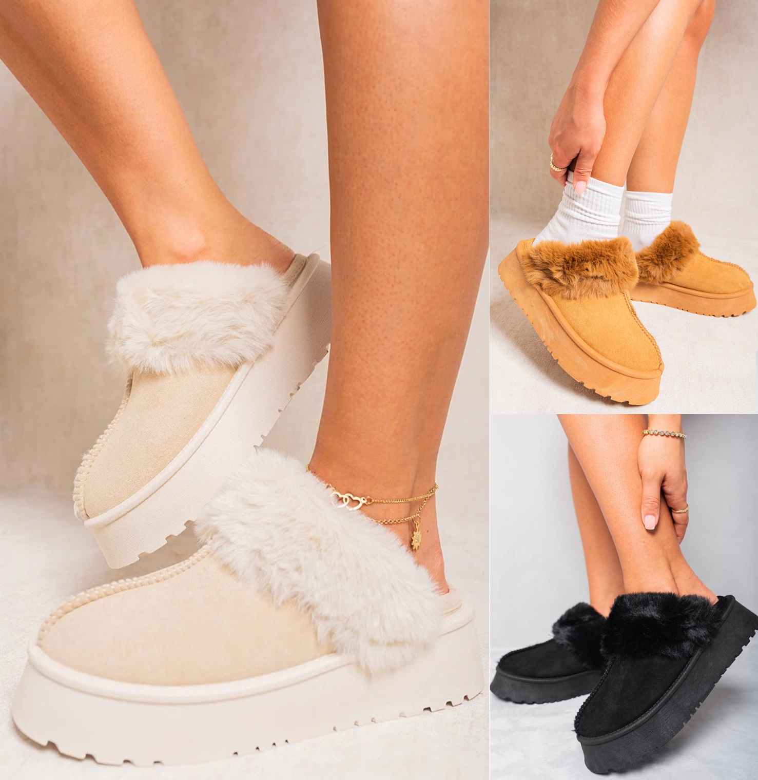 LADIES WOMENS SLIP ON PLATFORM COMFY FAUX FLUFFY FUR MULES SLIPPERS ...