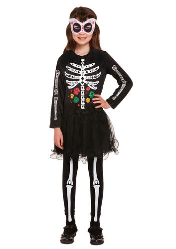 Day of the Dead Girls Halloween Fancy Dress Skeleton Undead Kids Childs ...