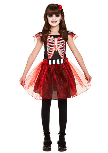 Day of the Dead Girls Halloween Fancy Dress Skeleton Undead Kids Childs ...