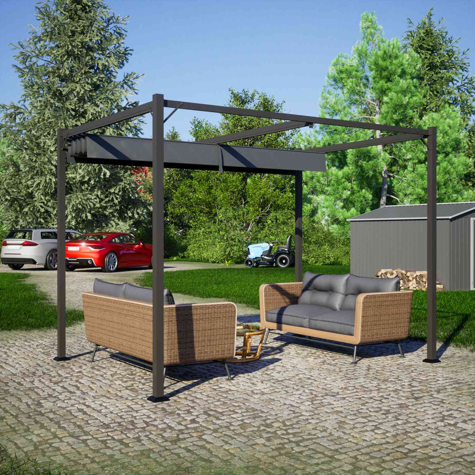 BIRCHTREE Steel Frame Pergola Garden Shade Retractable PE Canopy ...