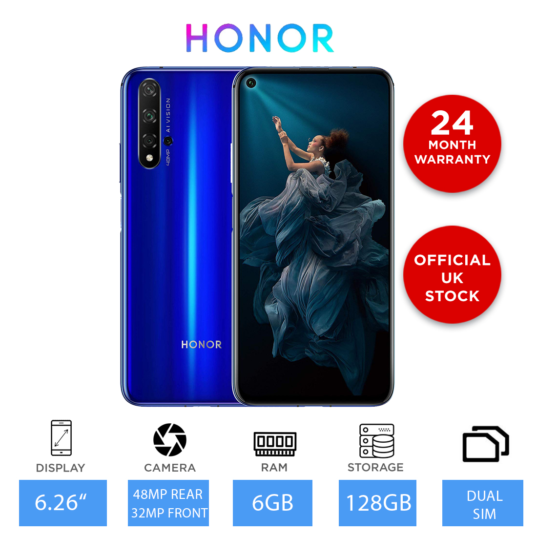 Huawei Honor 20 6.26" Unlocked Smartphone, 6GB RAM, 128GB Storage ...
