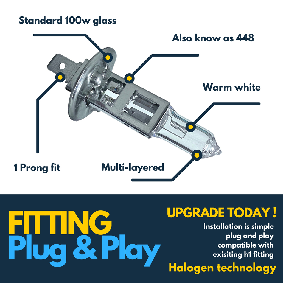 H1 Halogen 100w Headlight Bulbs Car Fog High Low Beam Lamp Light Pair ...