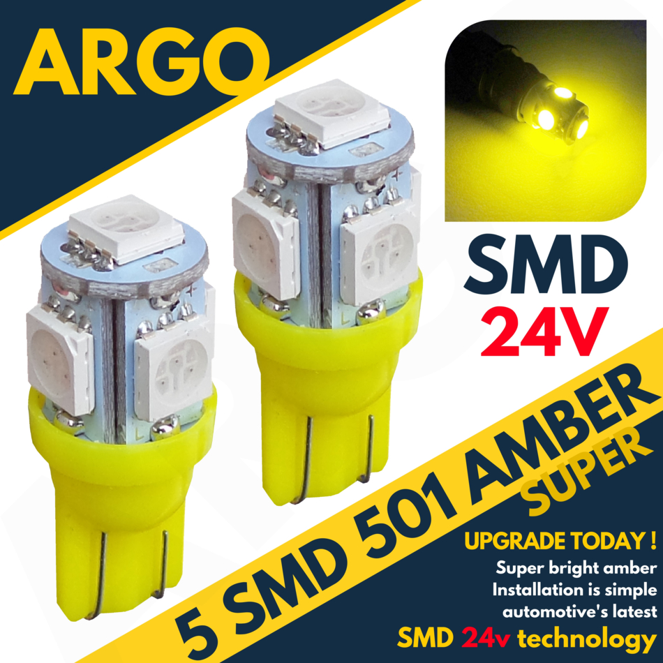 24v Side Light 507 501 W5W 5 SMD Led Amber Hella Spot Capless Bulbs HGV ...