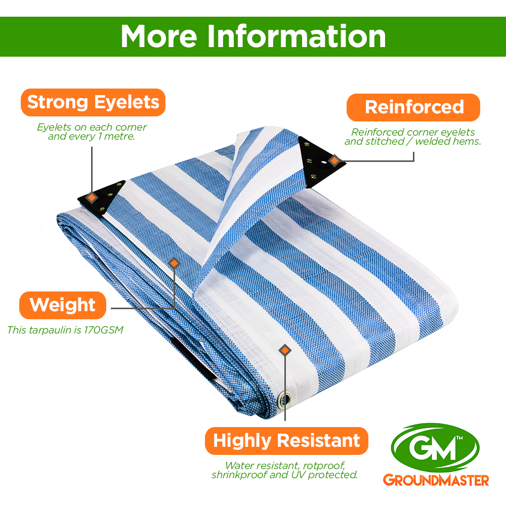 GroundMaster 170gsm Blue/White Striped Tarpaulin Heavy Duty Market ...