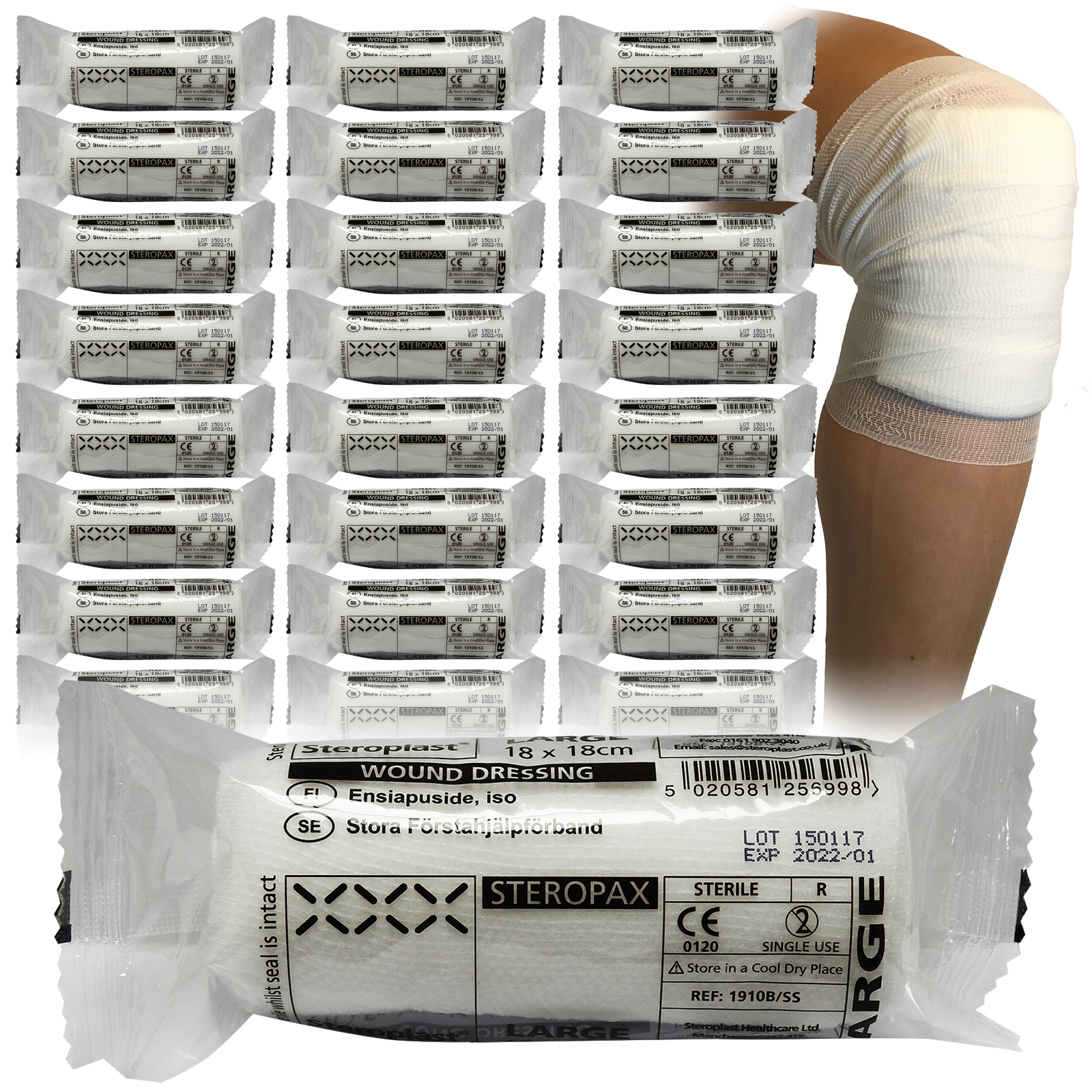 25x Steroplast Premium First Aid 18cm x 18cm Steropax Sterile Dressing ...