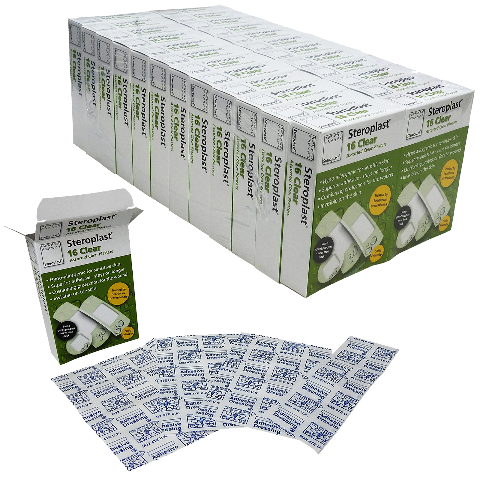 Full Case 24x Steroplast Sterile Clear Transparent Assorted Plasters 16 ...